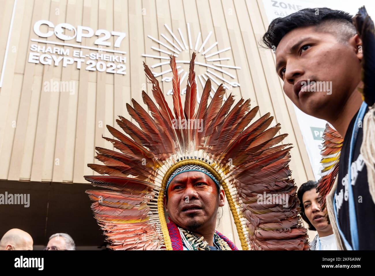American Indigenous men stand in Delegations Pavilions area during the ...