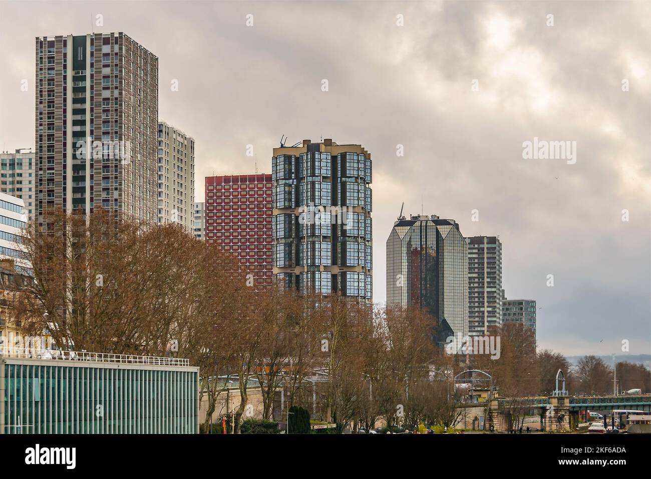 Modern riverfront apartment buildings over sena river, paris, france ...