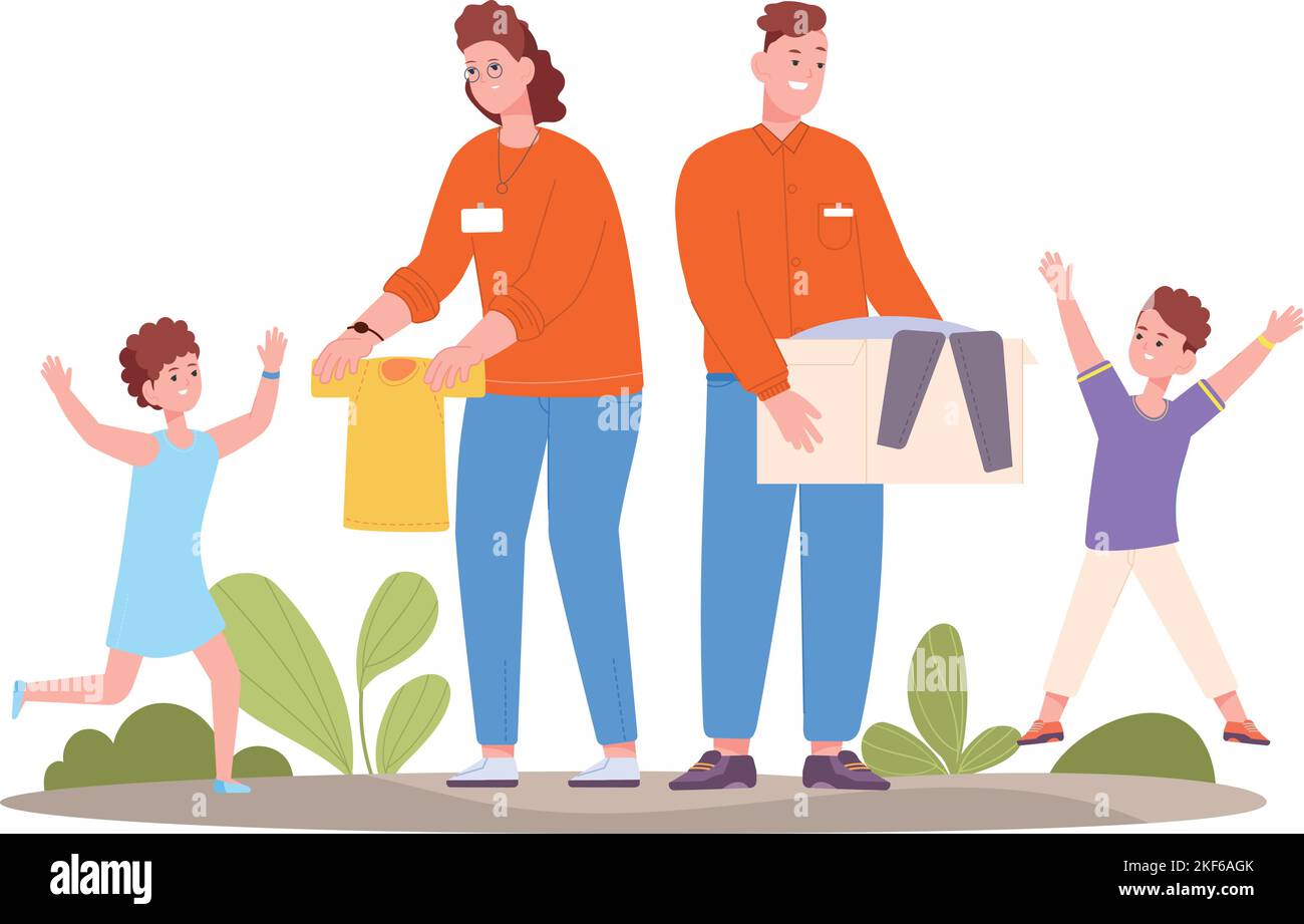 Volunteer donating charity clothes to poor kids. Humanitarian help ...