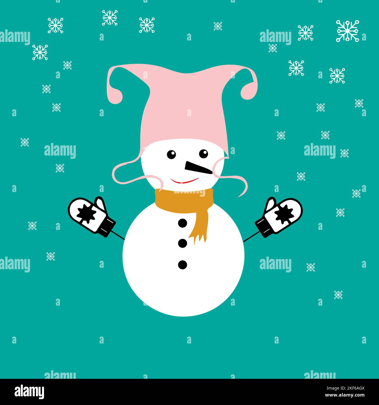 Snowman with a scarf, gloves and hat isolated in a blue-green ...