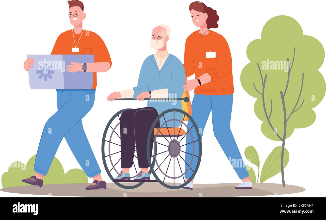 Volunteers helping senior man. Woman pushing wheel chair isolated on ...
