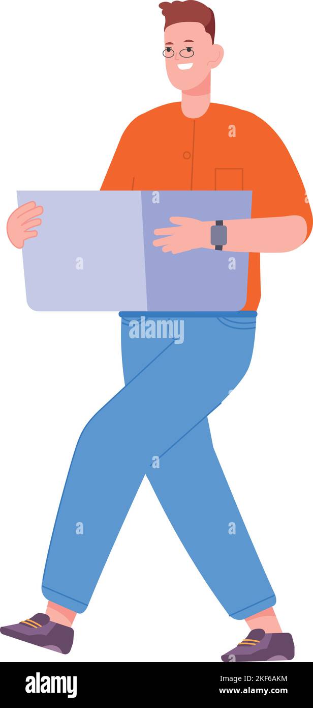 Man carrying plastic container. Person holding waste box isolated on ...