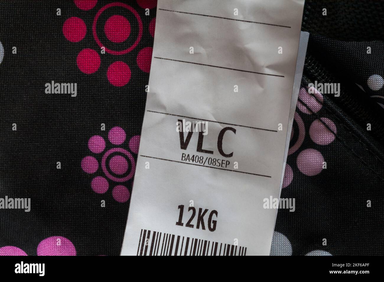 BA British Airways luggage label stuck on luggage for VLC Valencia ...