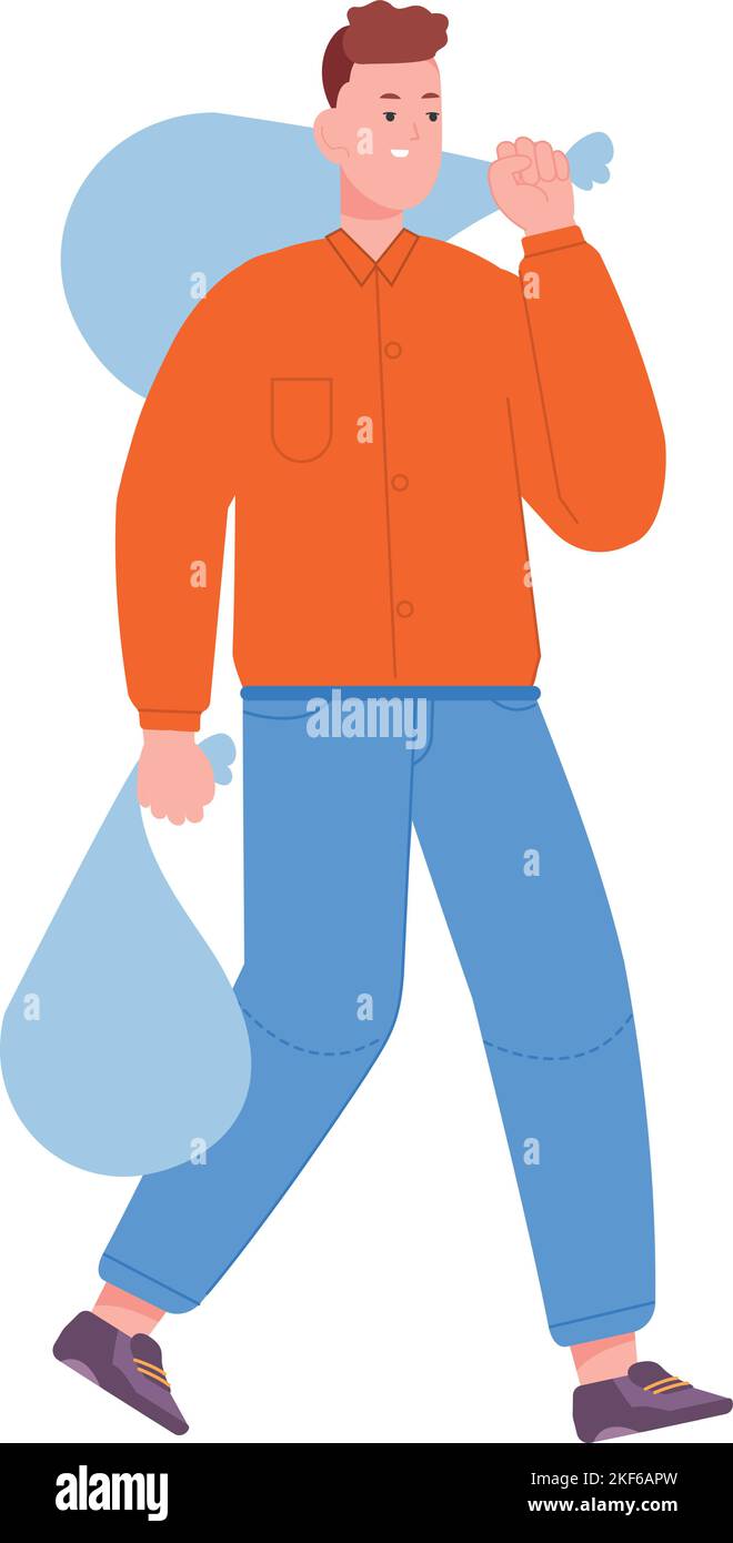 Volunteer carrying garbage. Man hold trash bags with litter isolated on ...