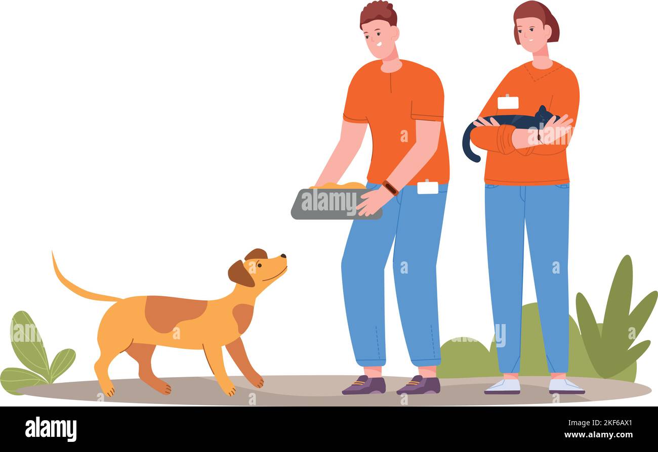 Volunteers feeding homeless pets. People caring about animals isolated ...