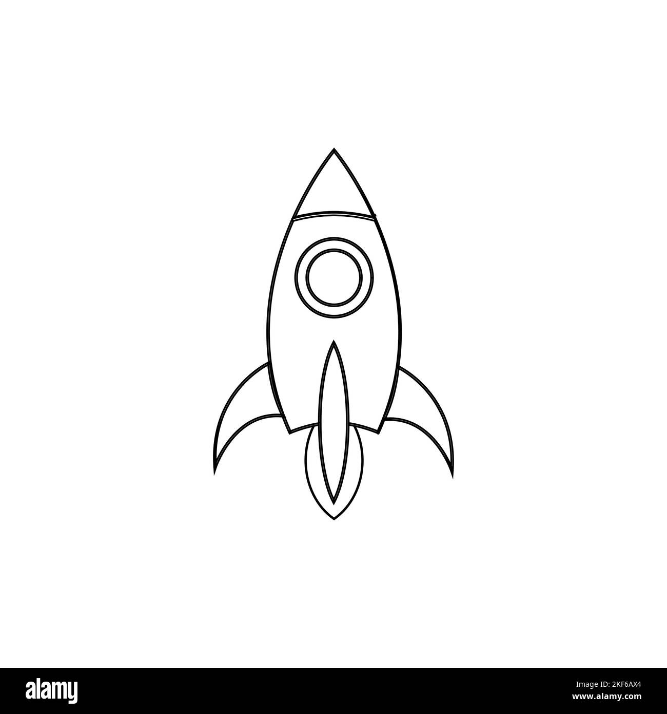 Outline rocket ship with fire. Isolated on white. Flat line icon ...