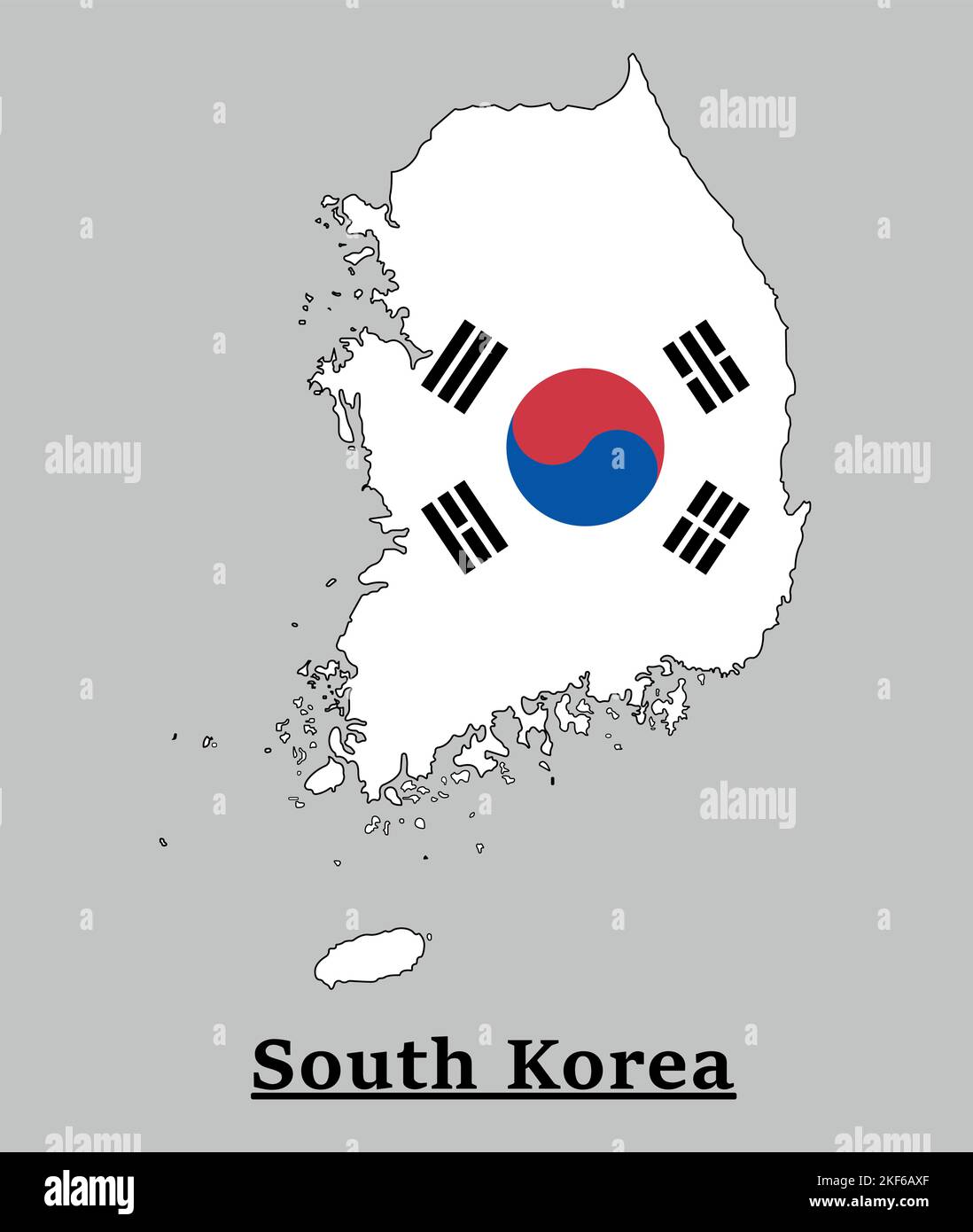 An image of a South Korean map with a flag on it isolated on a gray ...