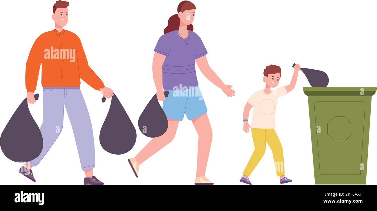 Family throwing trash together. House cleaning. Household work isolated ...