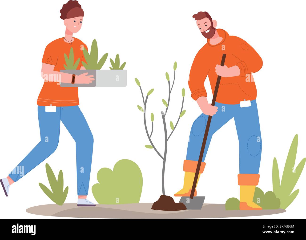 People planting trees. Man and woman gardening together isolated on ...