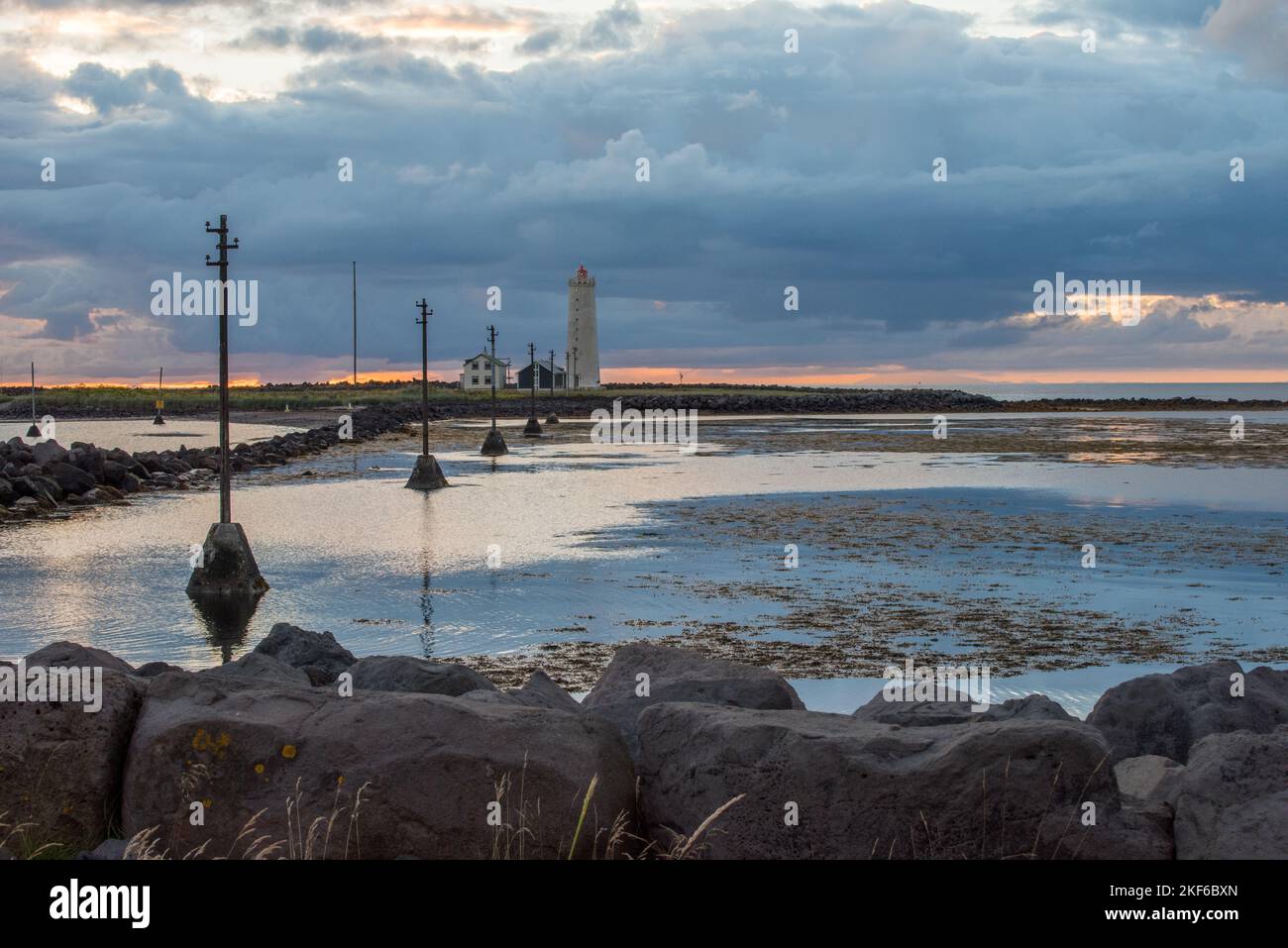Sunset at grotta lighthouse in reykjavik iceland hi-res stock ...