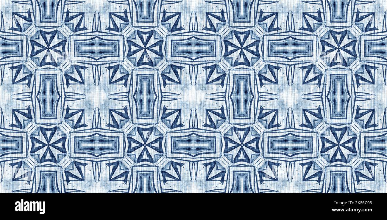 Indigo dye wash coastal damask seamless border pattern. Washed out ...