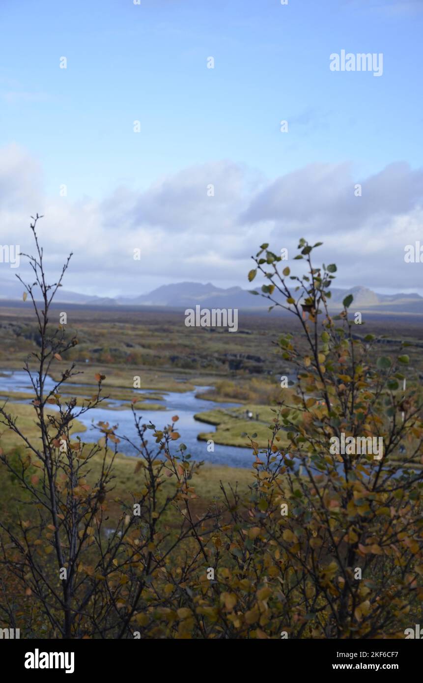 A vertical shot of a field river against the mountains background Stock ...