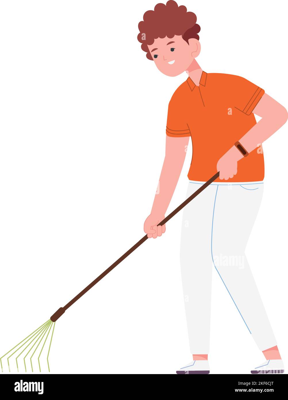 Boy gardening with leaf rake. Agricultural season work isolated on ...