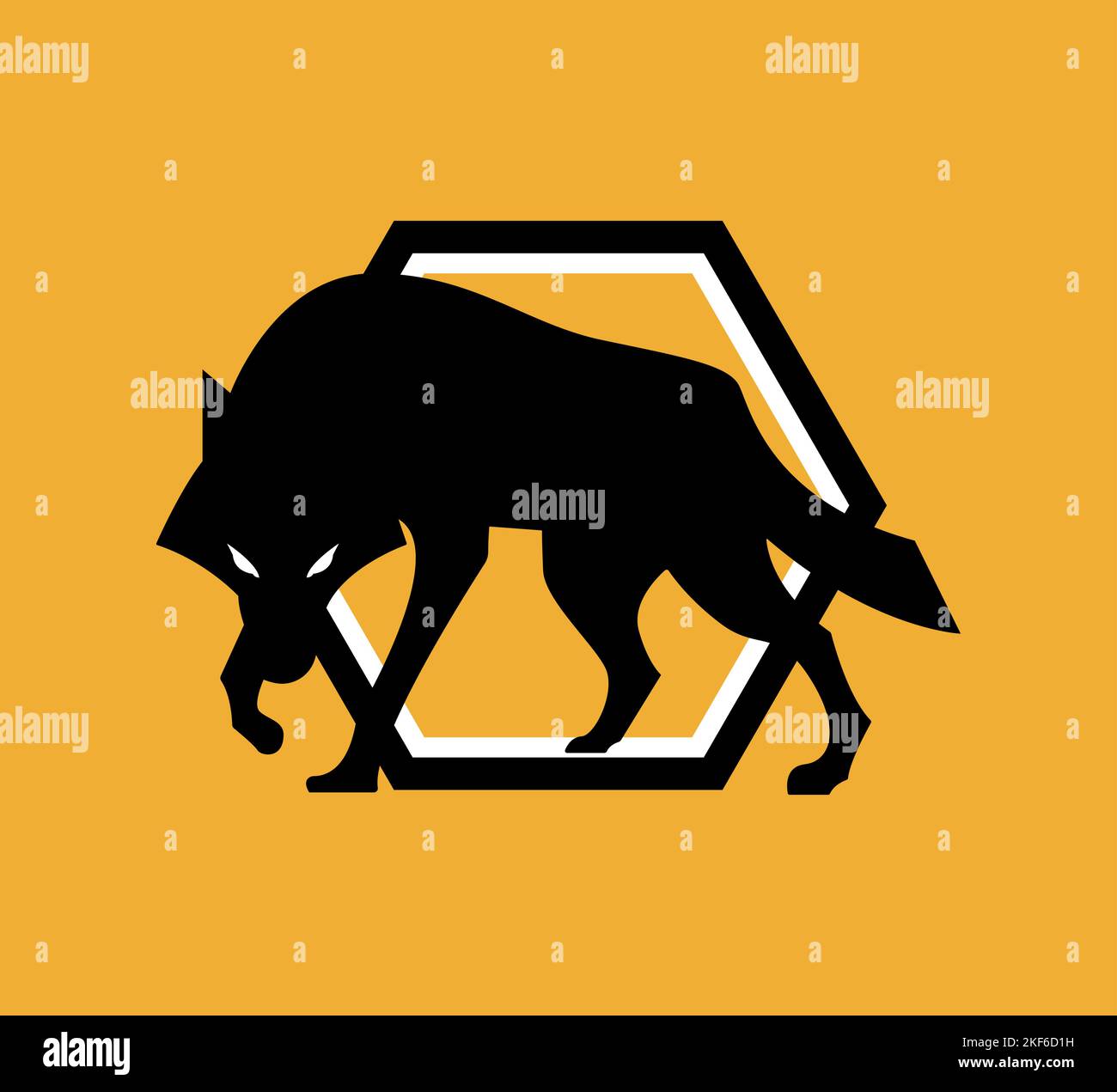A digital illustration of a scary black wolf logo isolated on a yellow ...