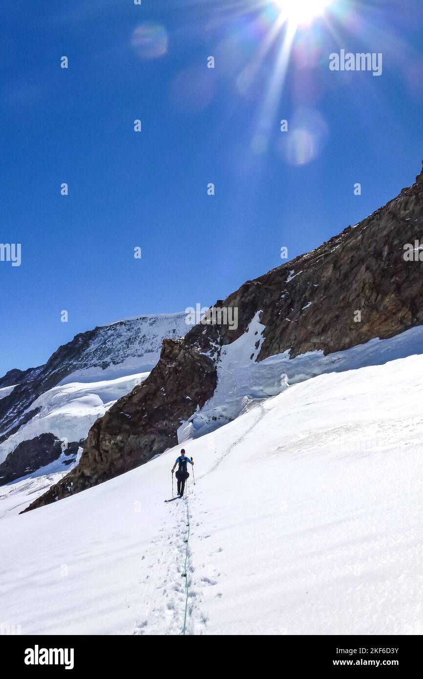 Description: Mountaineer secured by rope hikes along high tour trail to ...