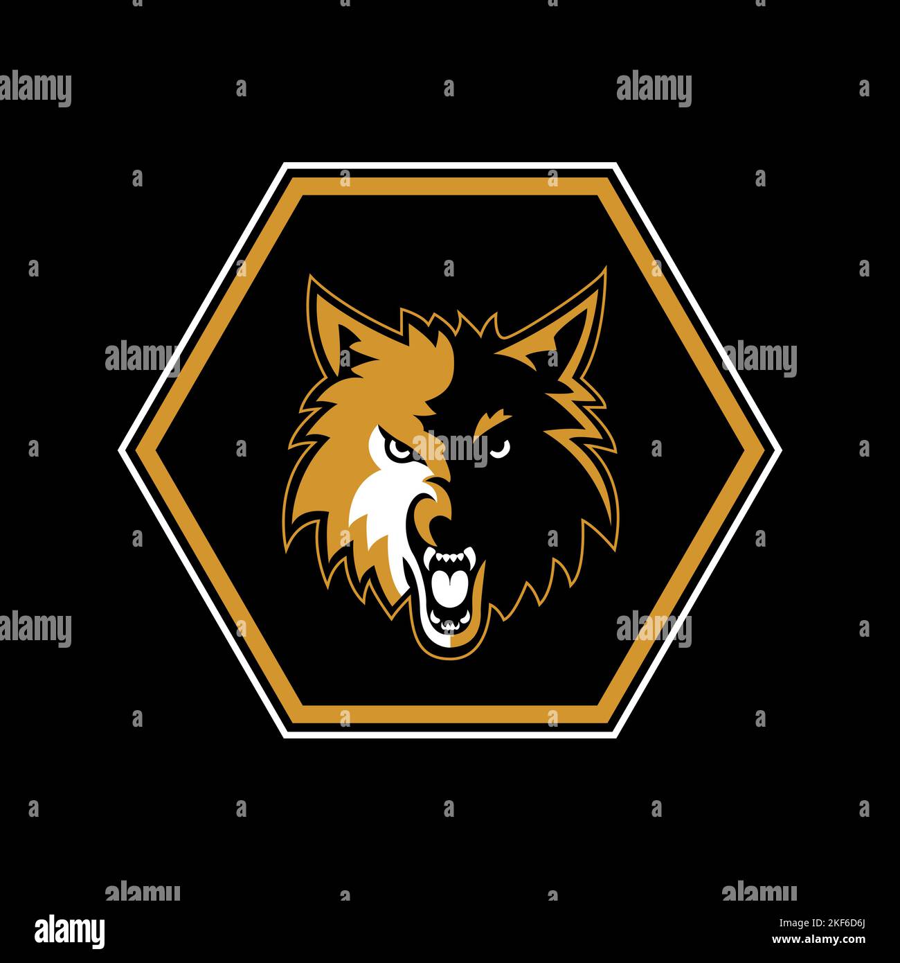 A digital illustration of a powerful wolf logo isolated on a black ...