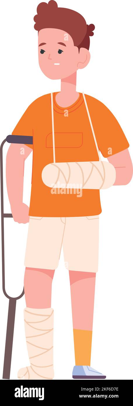 Injured boy with broken bones and limb bandages isolated on white ...