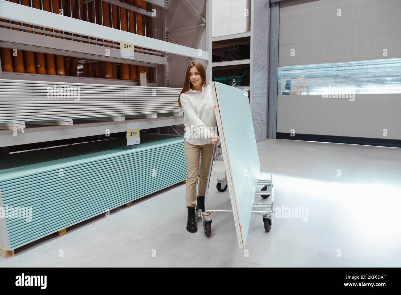 Young woman carrying trolley cart with drywall sheets in hardware store ...