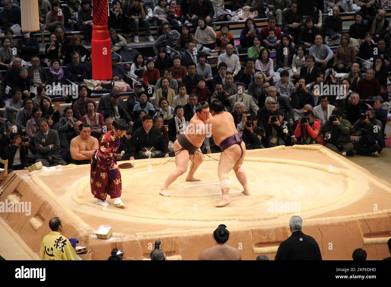 A high angle shot sumo wrestlers compete in a championship in Fukuoka ...