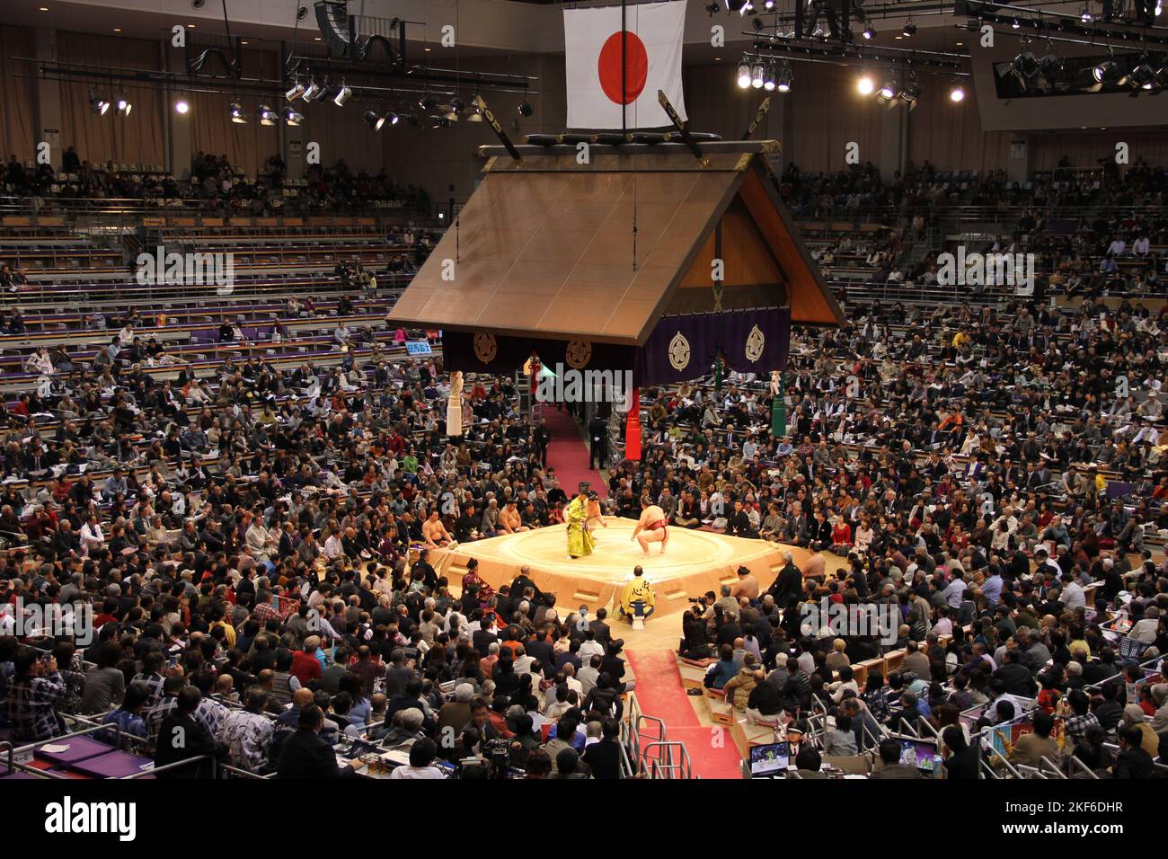 A high angle shot sumo wrestlers compete in a championship in Fukuoka ...