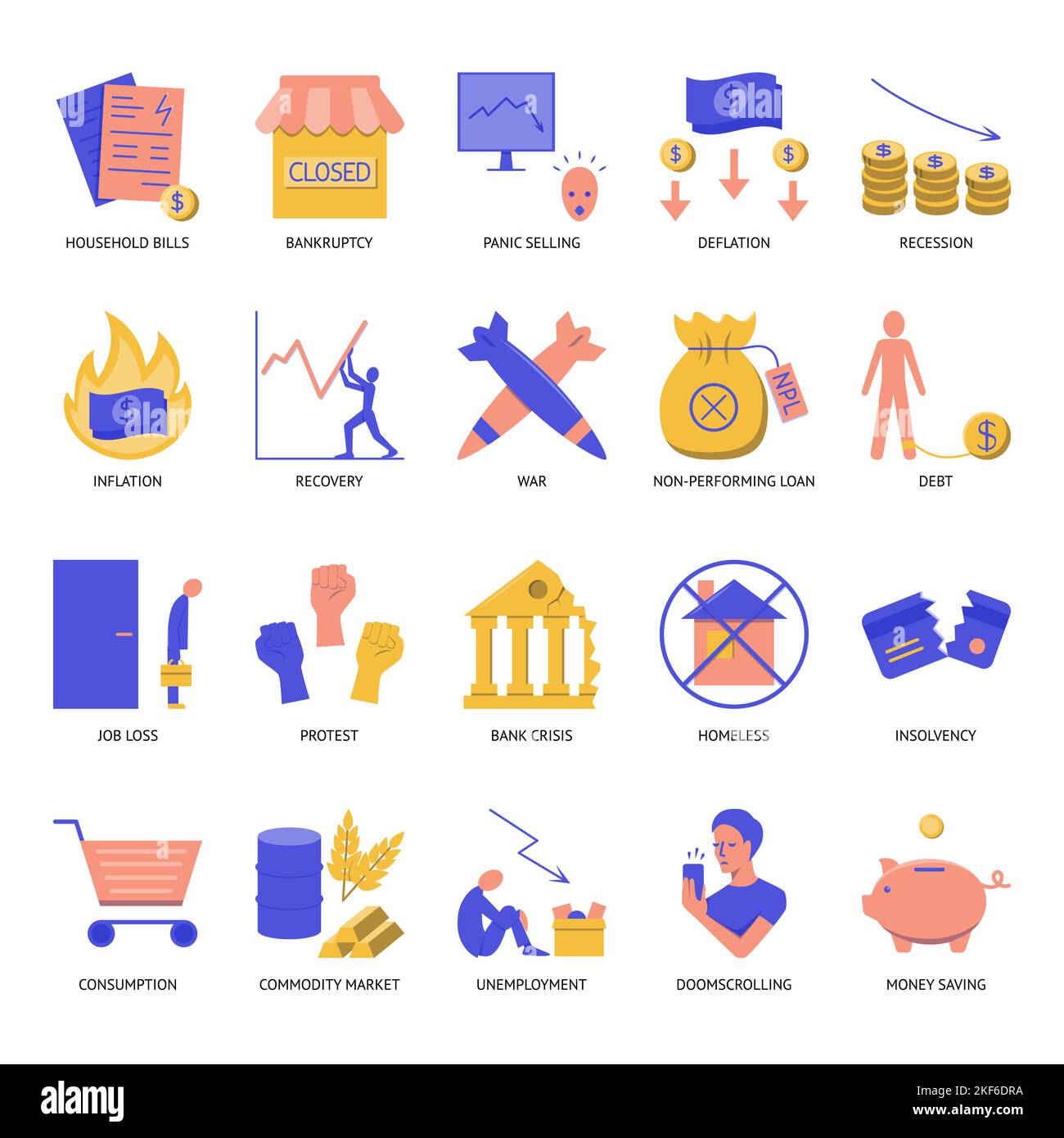 Economic and financial crisis icon set in flat style. Vector ...