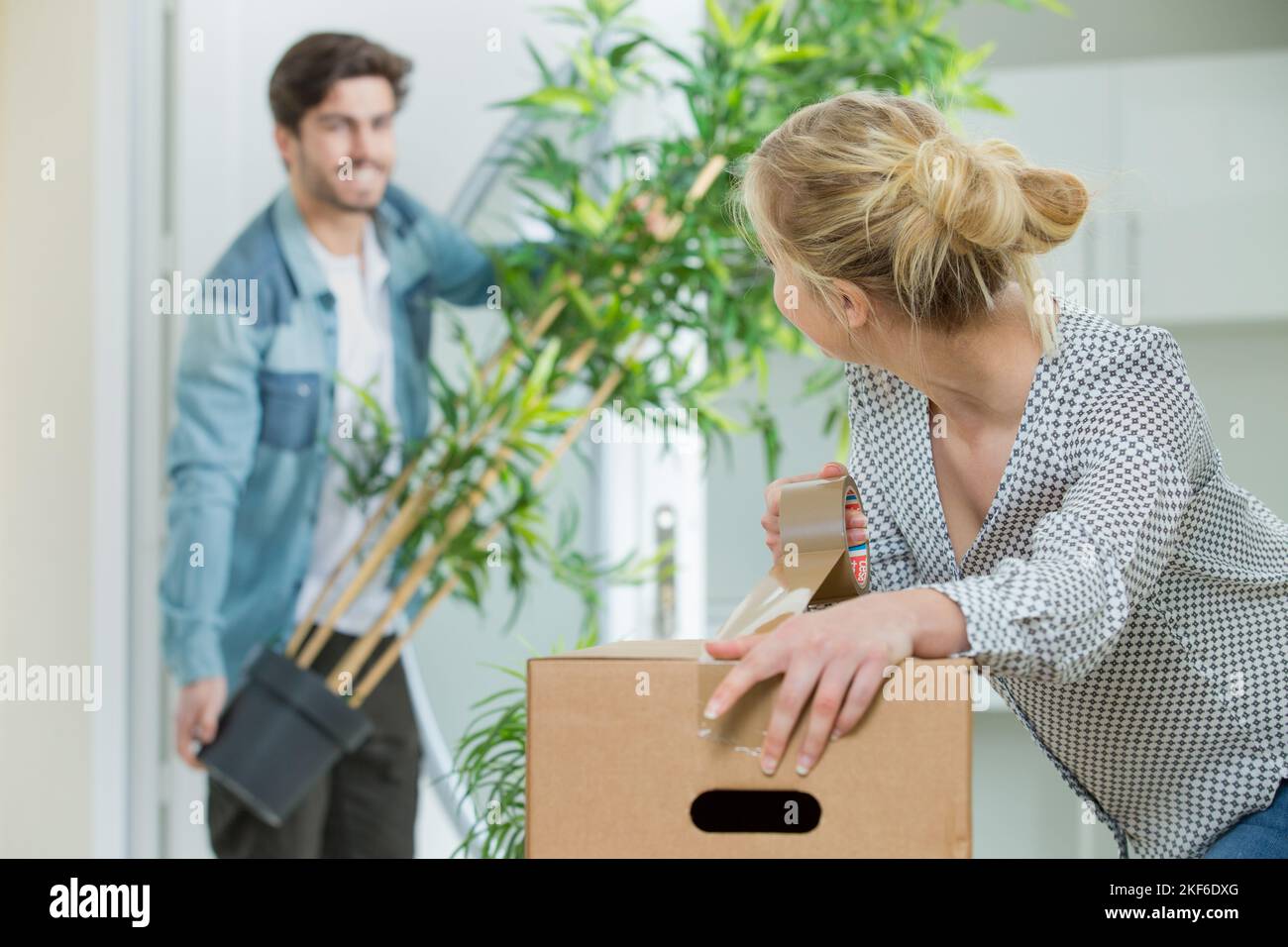 woman packing big cardboard while moving Stock Photo - Alamy