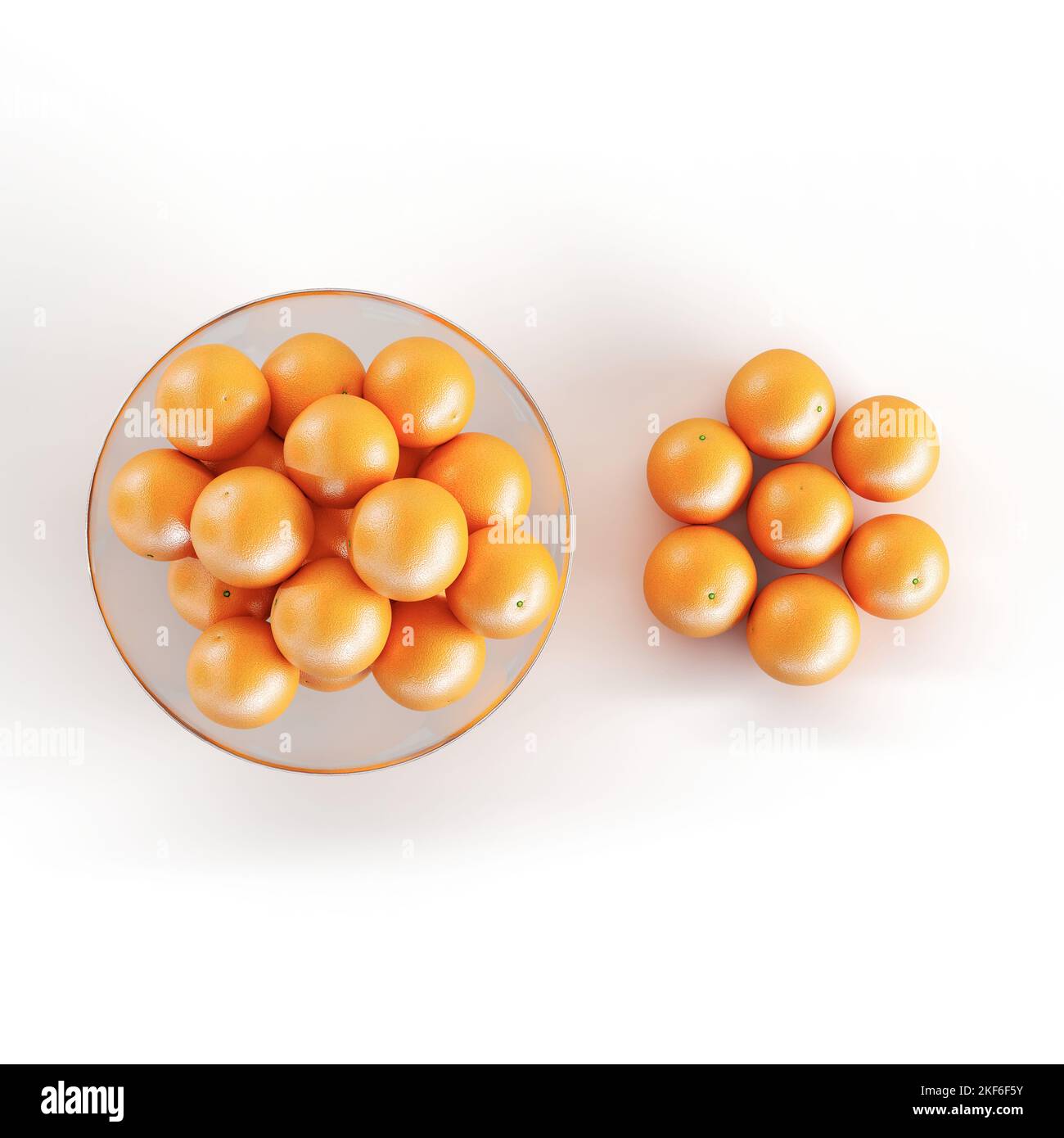 A 3D rendering of oranges in a transparent glass bowl and on the table ...