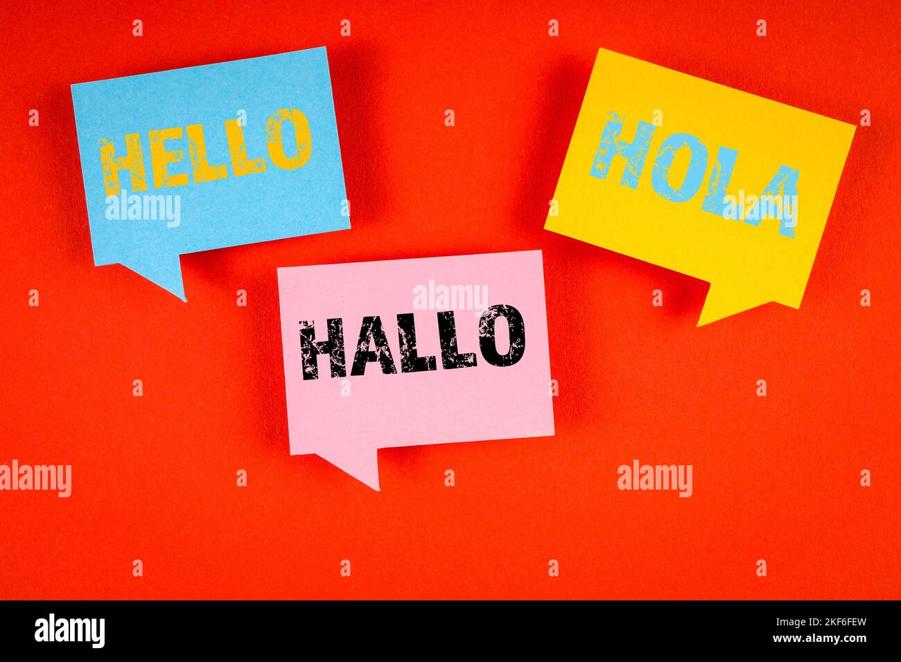 Hello. In English, Spanish and German. Speech bubbles with text Stock ...