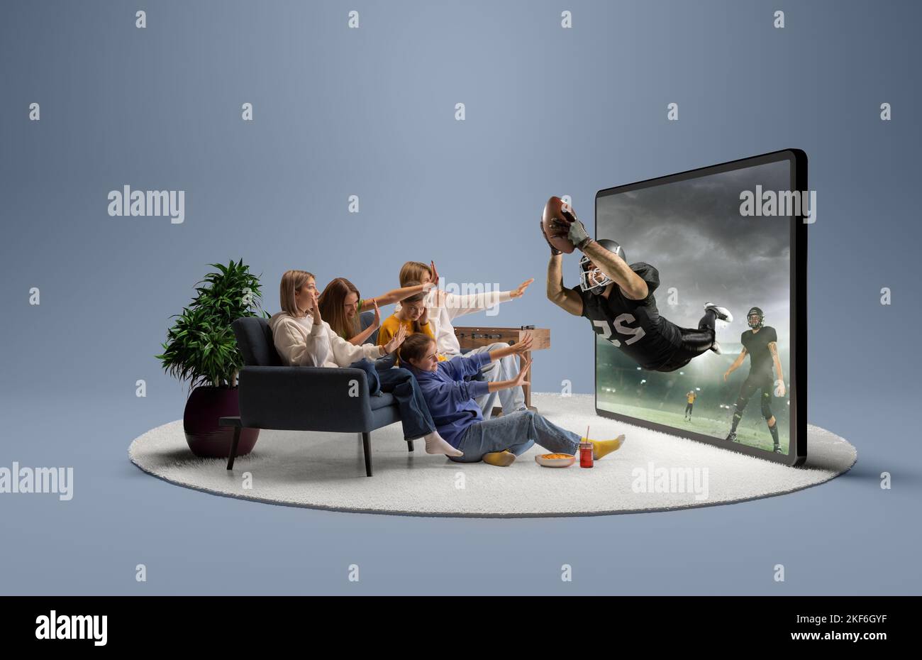 Presence effect. Astonished thrilled youth, girls and boys sitting in ...