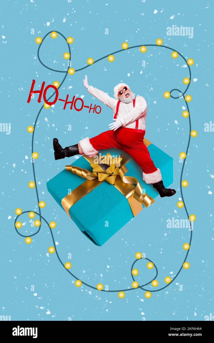 Vertical collage of overjoyed excited santa scream ho-ho-ho big giftbox ...