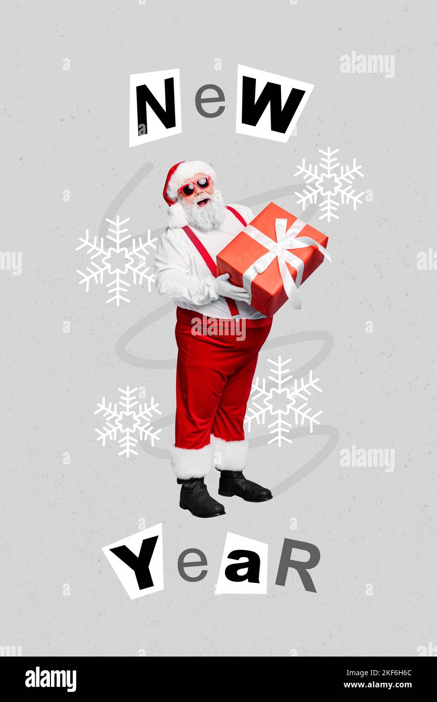 Vertical collage image of positive funky santa claus hands hold giftbox ...