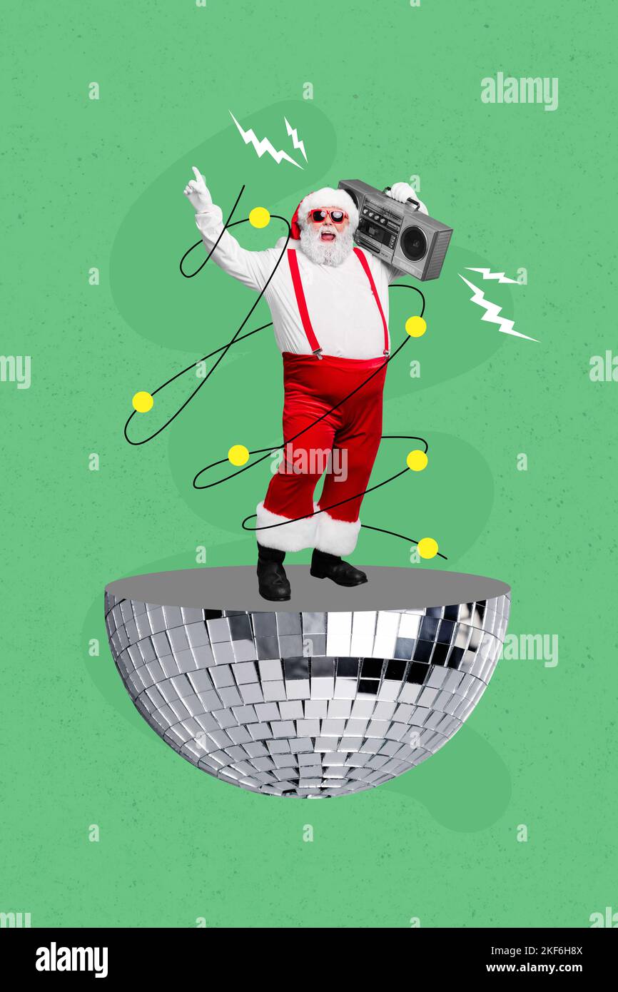 Vertical collage image of funny crazy aged santa claus stand half huge ...