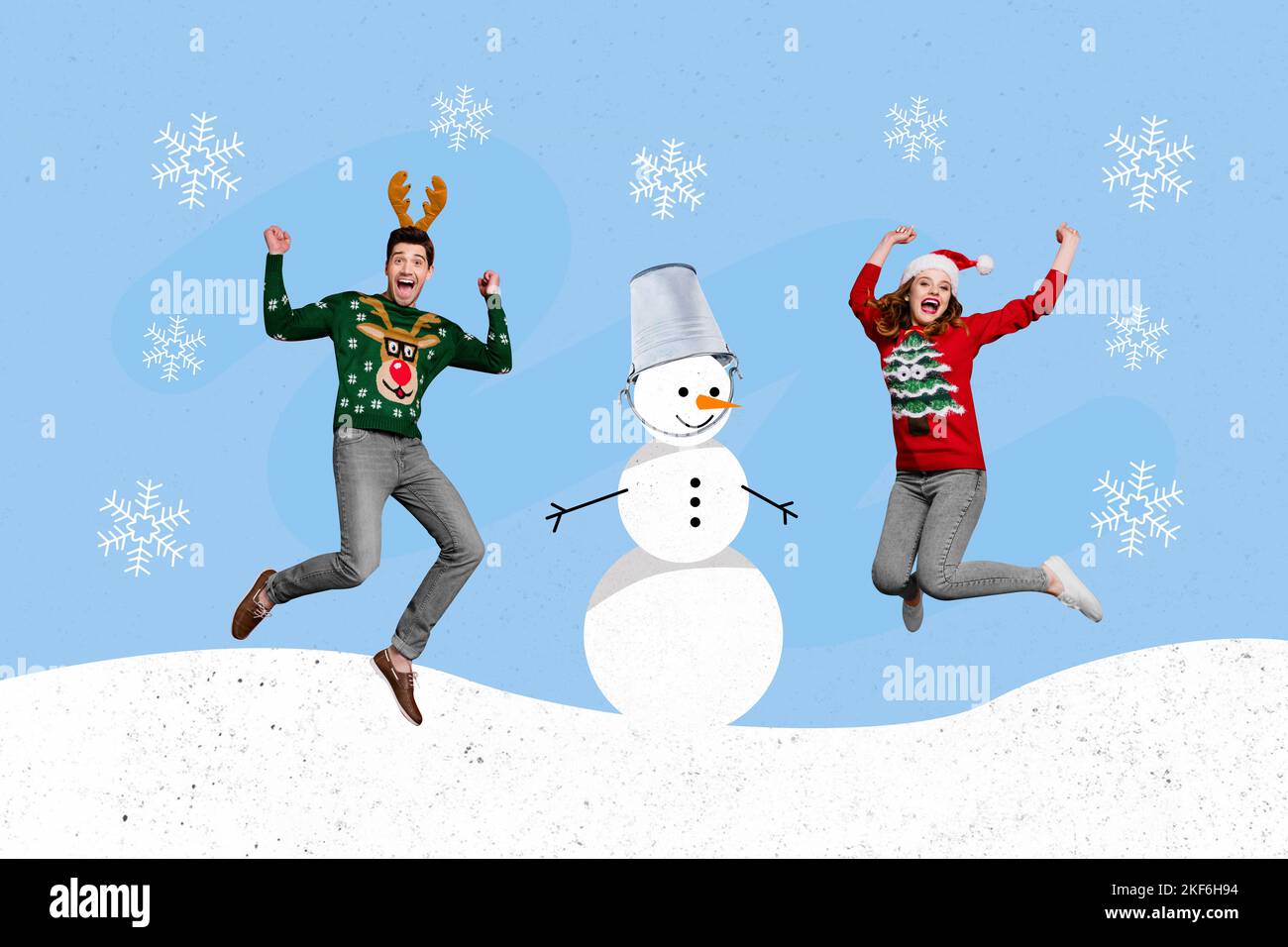 Collage picture of two overjoyed excited people jumping have fun ...