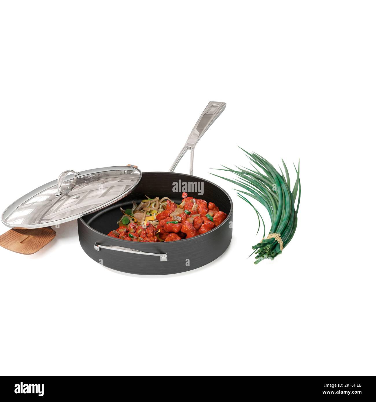 A realistic 3d frying pan with a lid and vegetables isolated on a ...