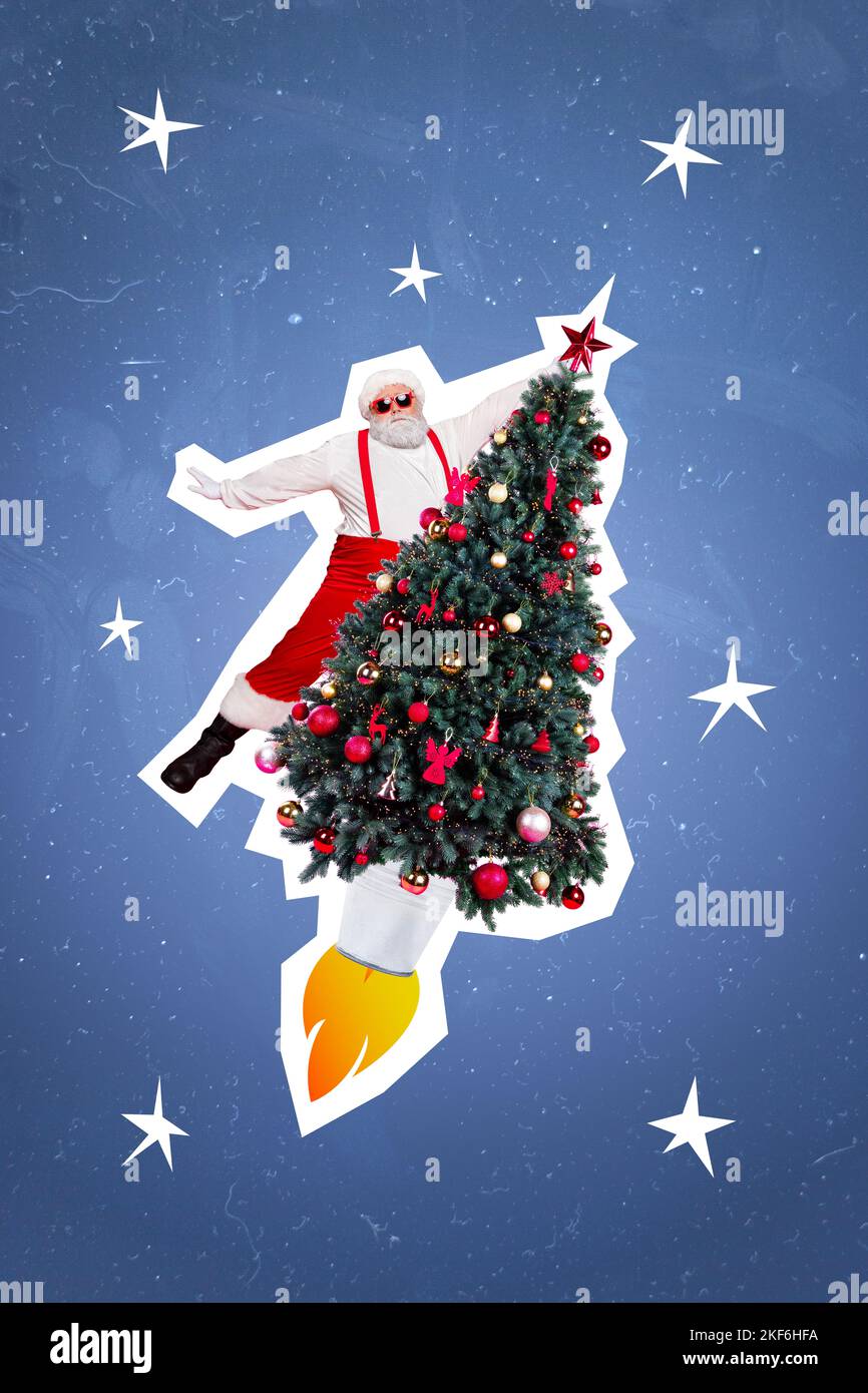 Vertical collage image of funky santa claus flying decorated newyear ...