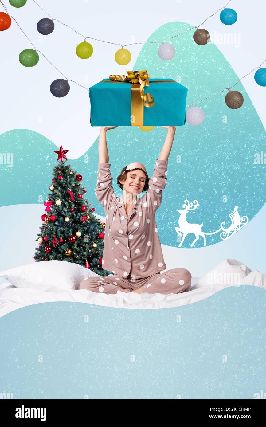 Vertical collage image of excited girl sleepwear hands hold big giftbox ...