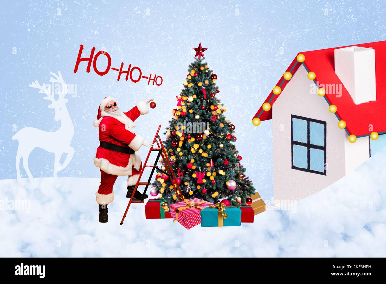 Composite collage picture of funny santa claus climb ladder decorate ...