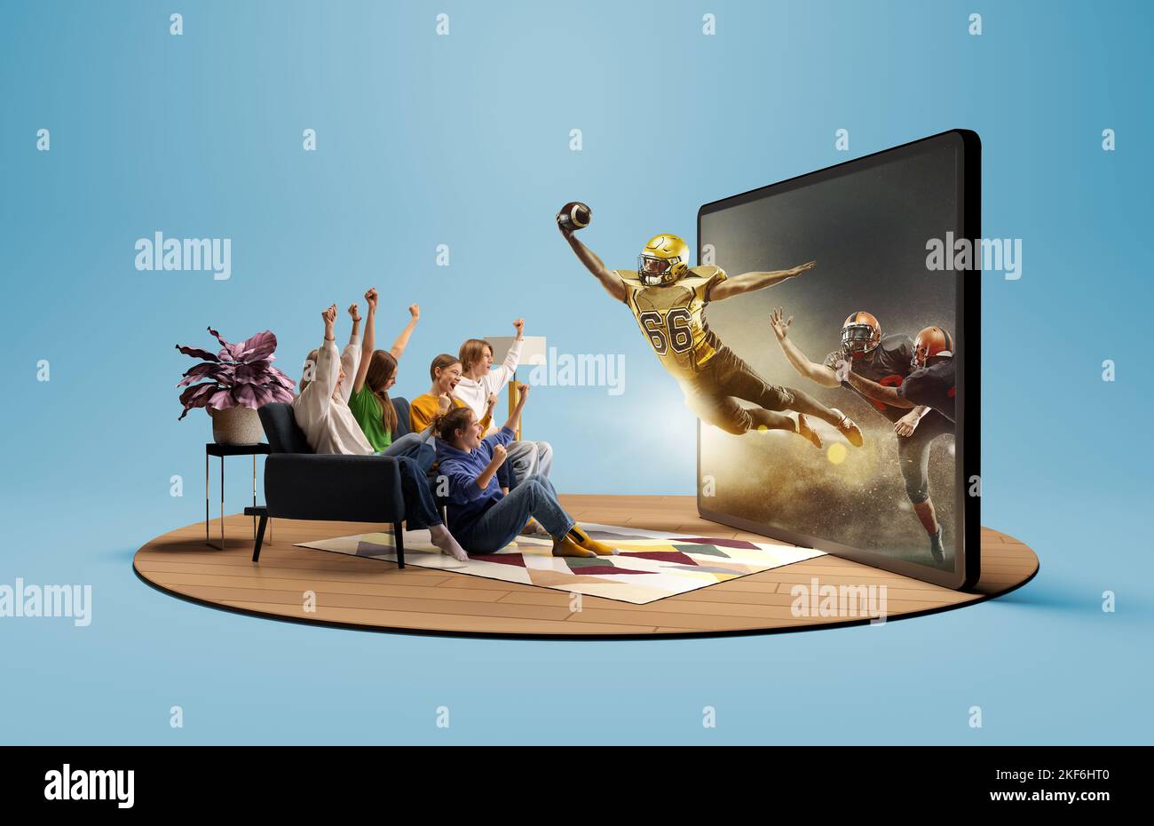 Presence effect. Astonished thrilled youth, girls and boys sitting in ...