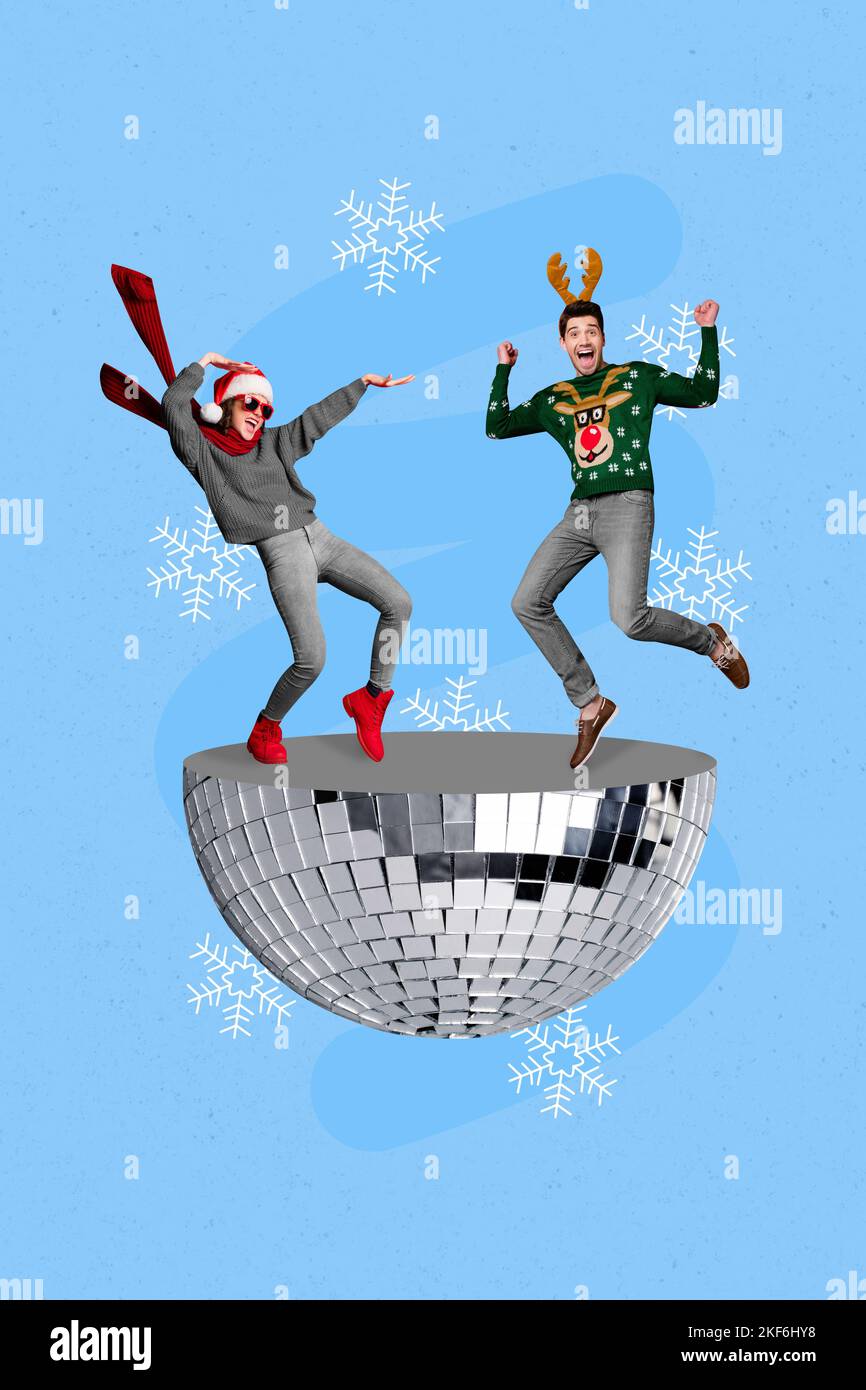 Vertical collage image of two overjoyed carefree people dance jump huge ...