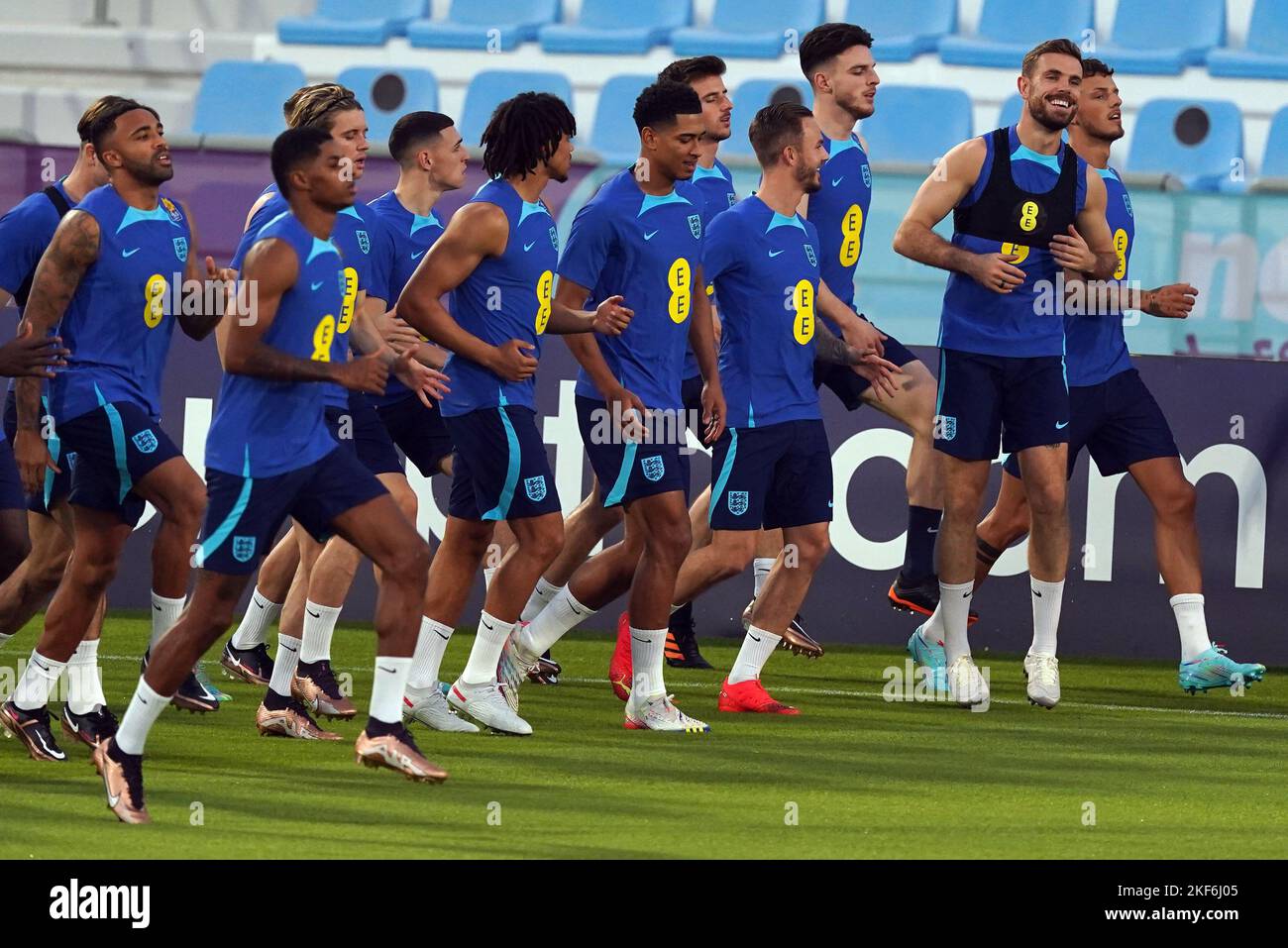 England's Jordan Henderson (right) with team mates during a training ...