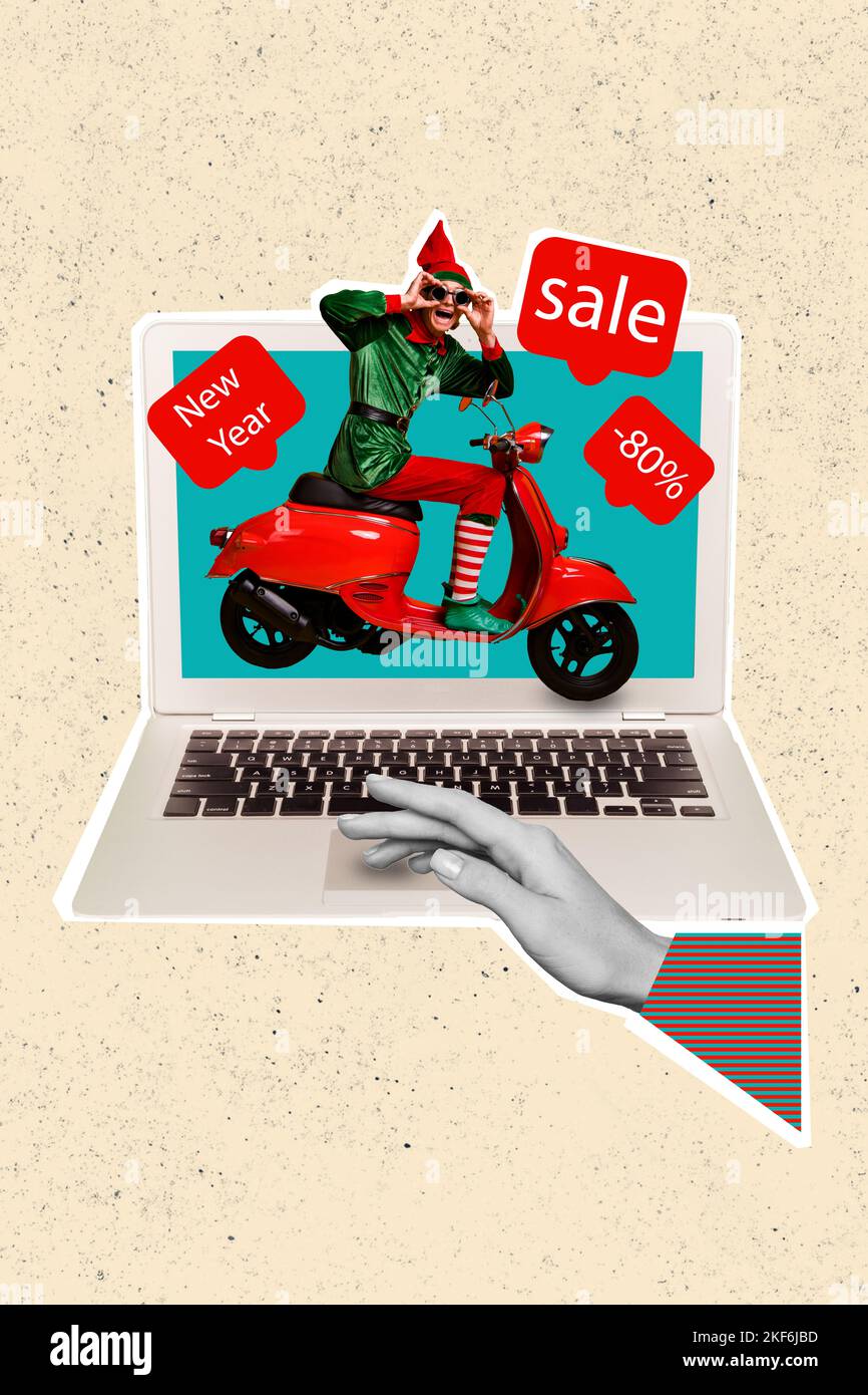 Creative drawing collage picture of funny funky elf driving moped ...