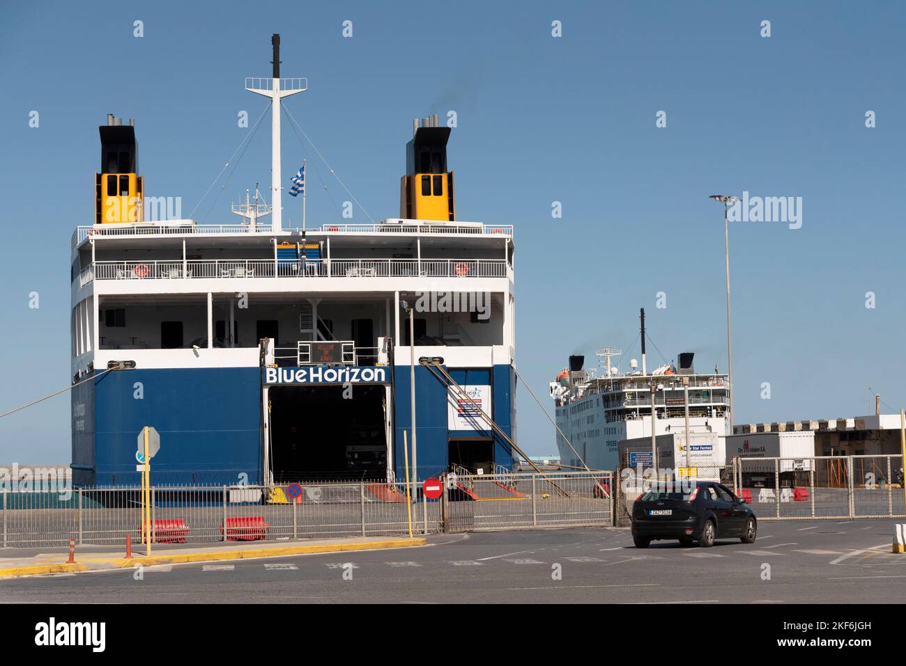 Port of Heraklion, Crete, Greece, EU. 2022. Blue and white ferry with ...