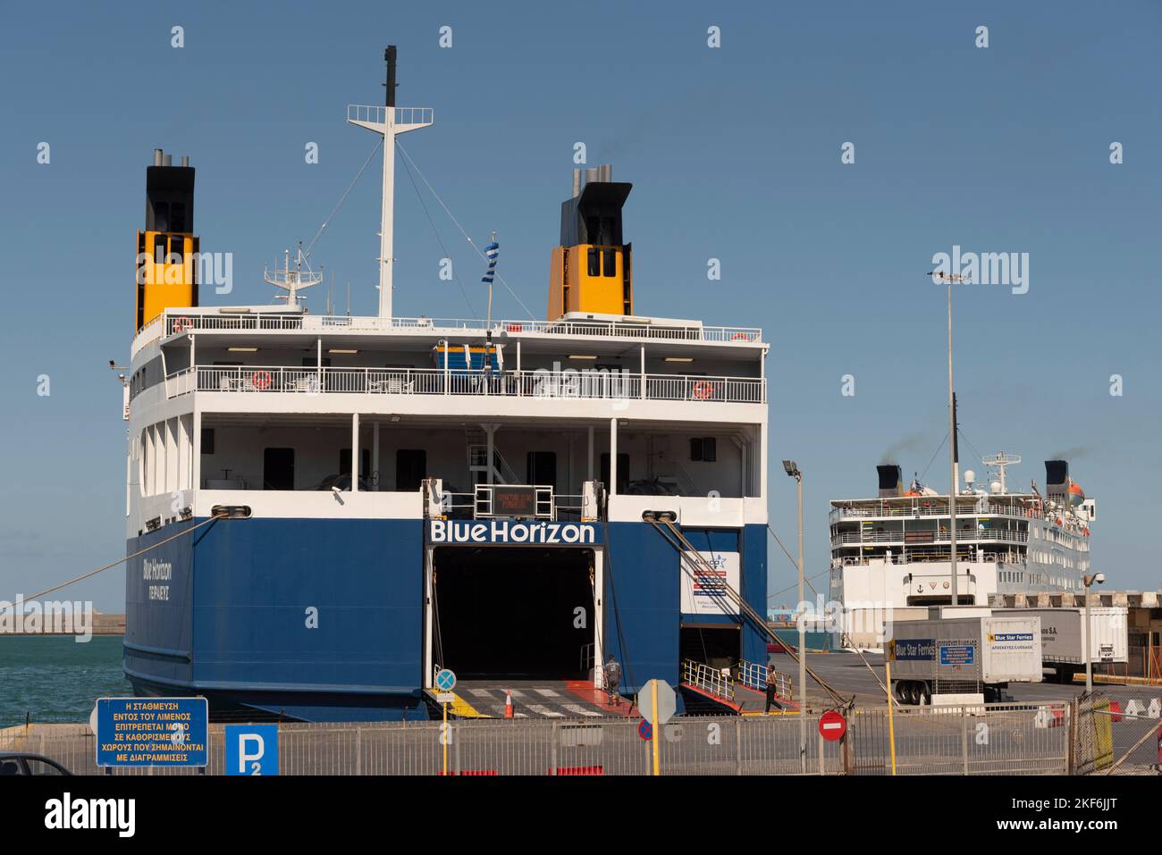 Port of Heraklion, Crete, Greece, EU. 2022. Blue and white ferry with ...