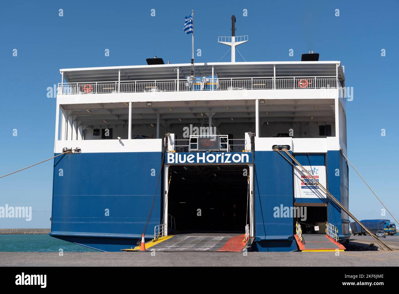 Port of Heraklion, Crete, Greece, EU. 2022. Blue and white ferry with ...