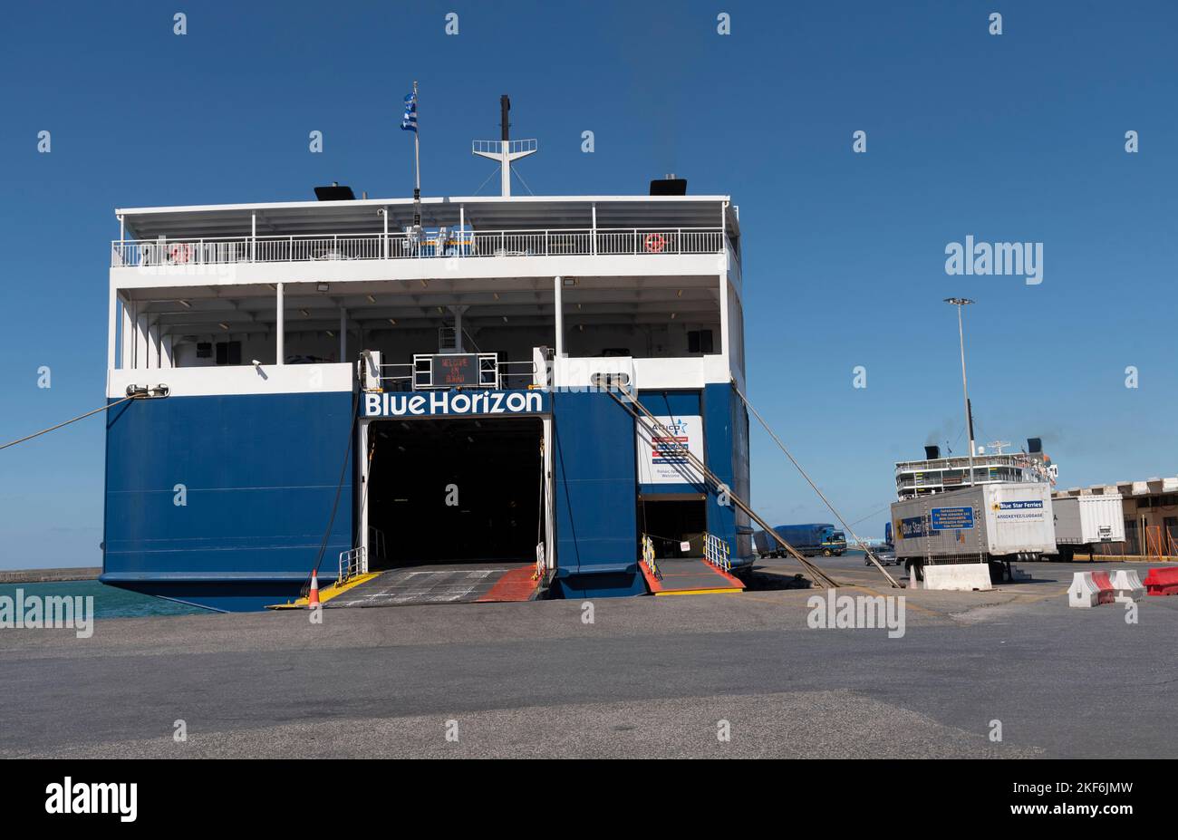 Port of Heraklion, Crete, Greece, EU. 2022. Blue and white ferry with ...