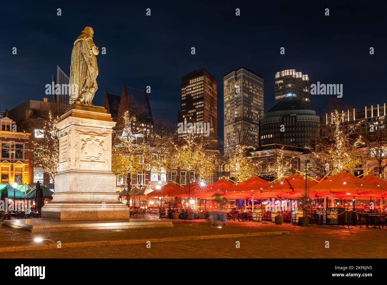 Skyline of The Hague at night seen from the square in the old city ...