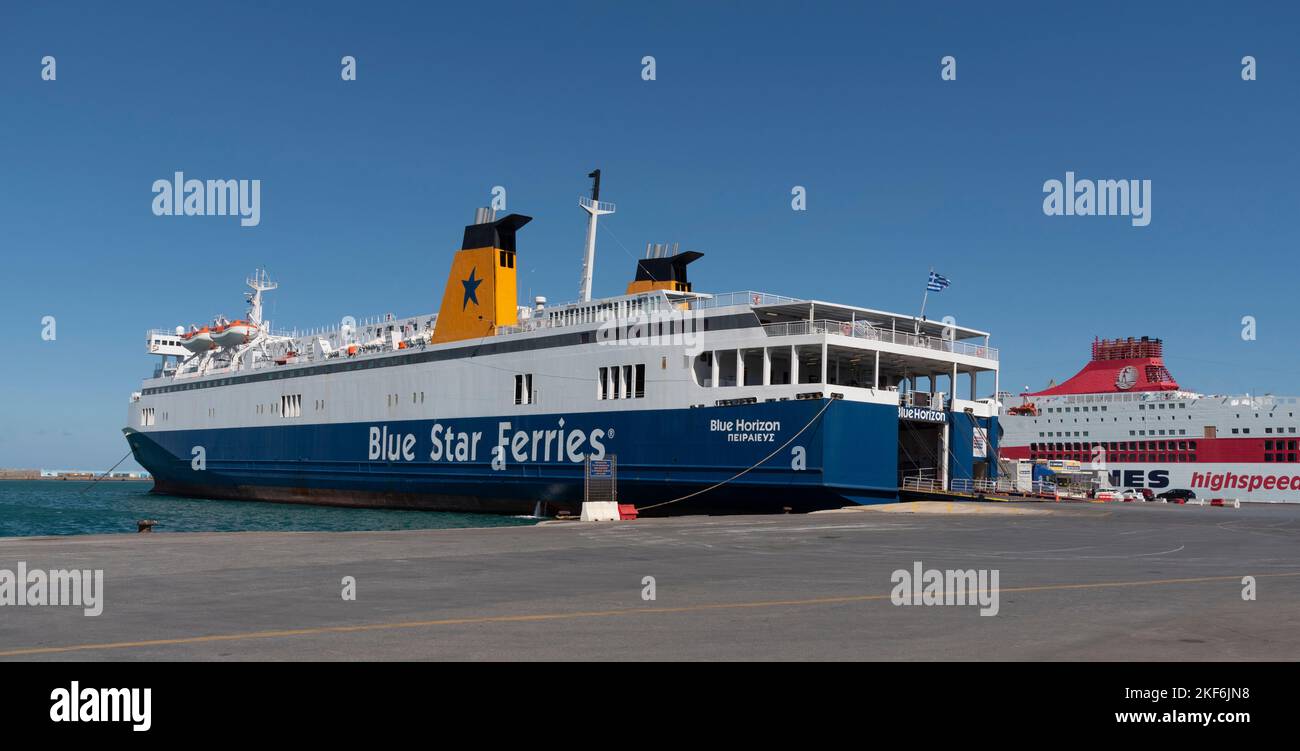 Port of Heraklion, Crete, Greece, EU. 2022. Blue and white ferry with ...