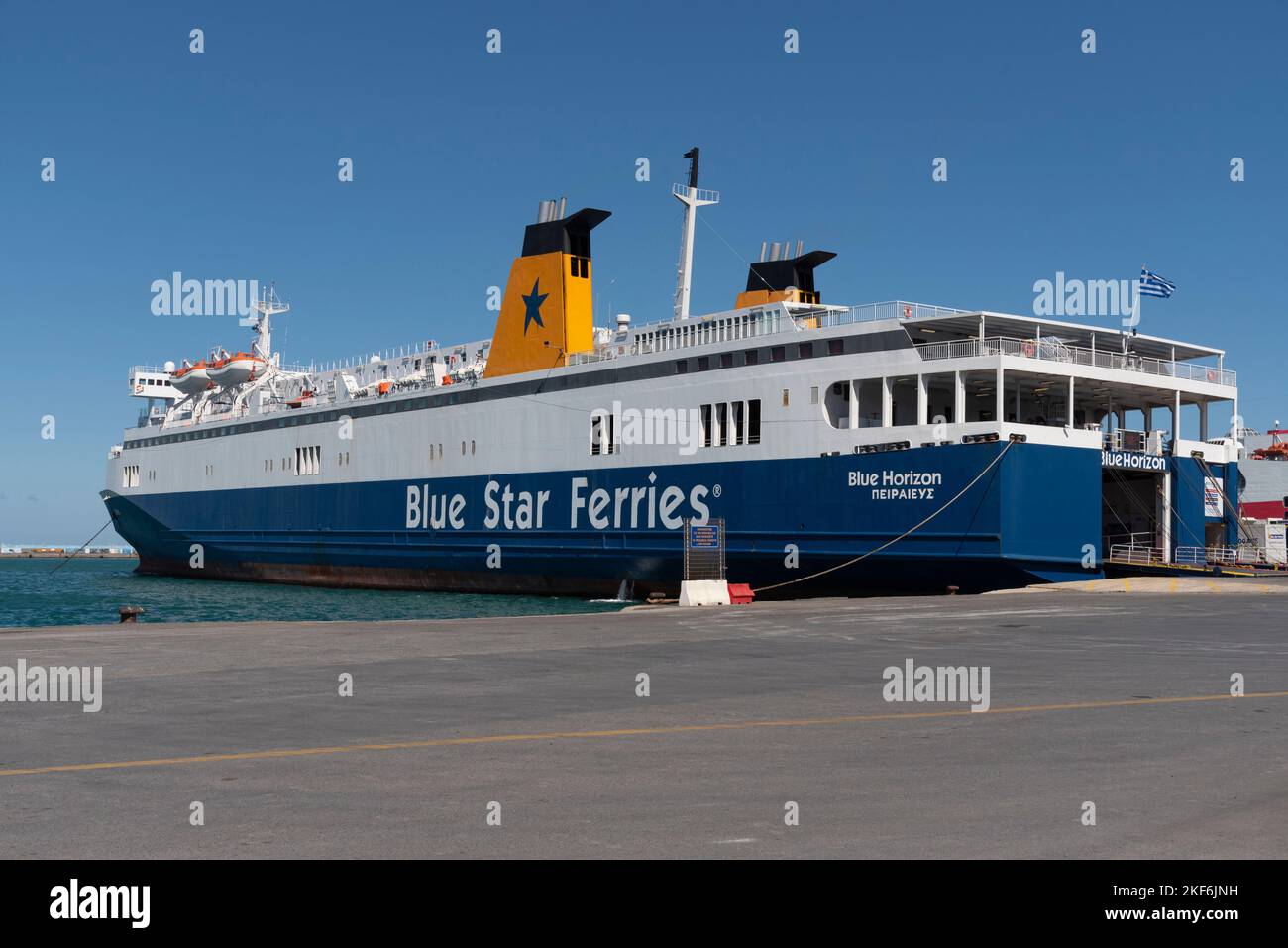 Port of Heraklion, Crete, Greece, EU. 2022. Blue and white ferry with ...