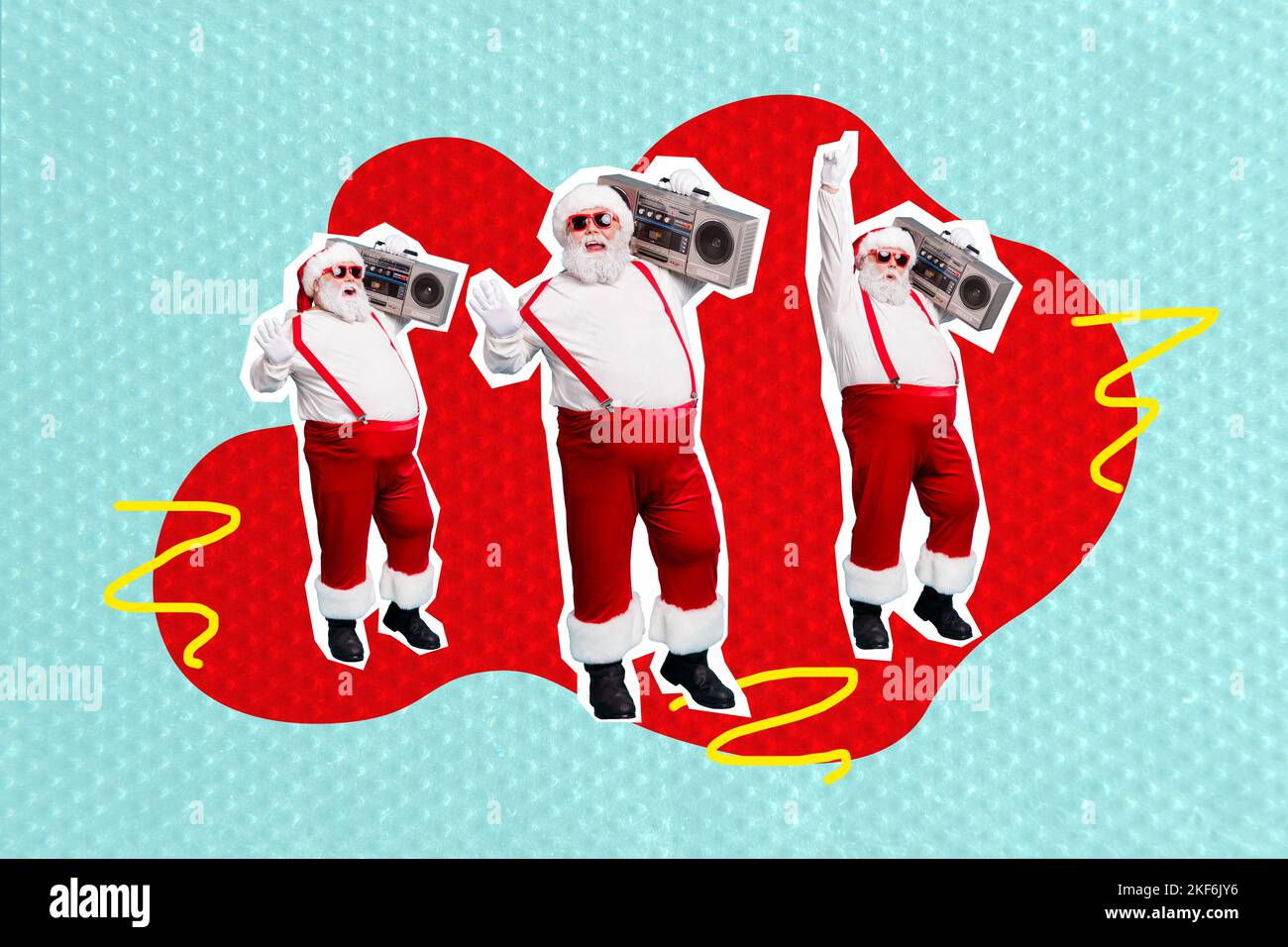 Creative poster collage of energetic funny funky three santa clauses ...