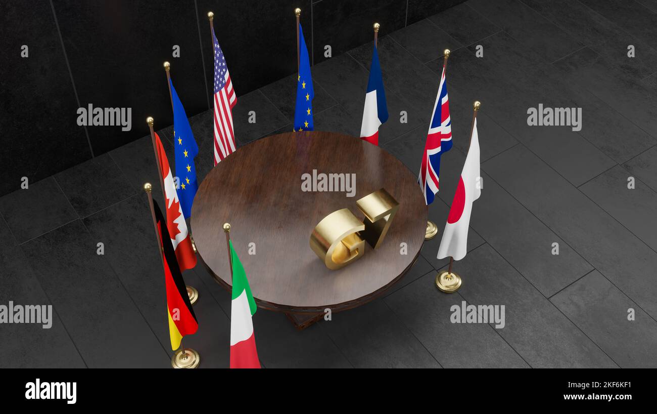 G7 summit. flags of members of G7 group of seven and list of countries ...